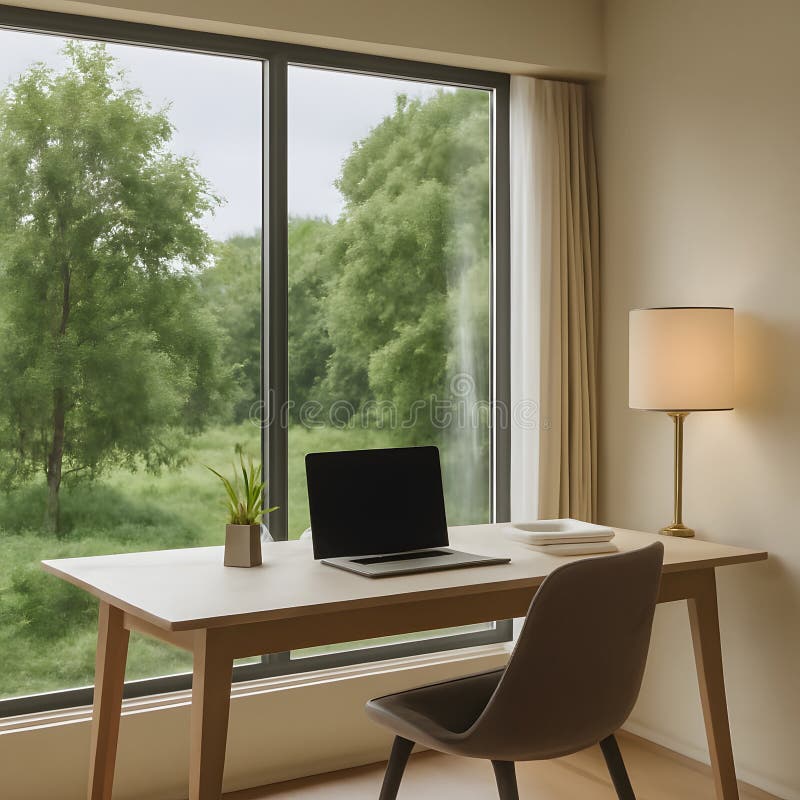 Bright Workspace with a Laptop, Lamp, and Plant by a Large Window ...