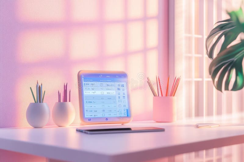 Bright Workspace with Pastel Colors and a Modern Computer in a Sunlit ...