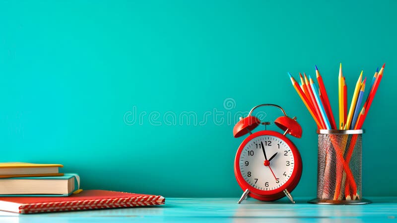 Bright Workspace with Red Alarm Clock and Stationery, Perfect for ...