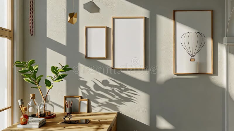 Bright Workspace Showcases Modern Design Elements with Frames, Plants ...