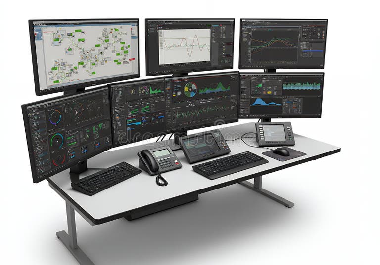 Bright Workspace with Six Screens Displaying Technical Data in White ...