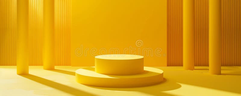 Bright Yellow Abstract Podium with Geometric Shapes and Pillars in a ...