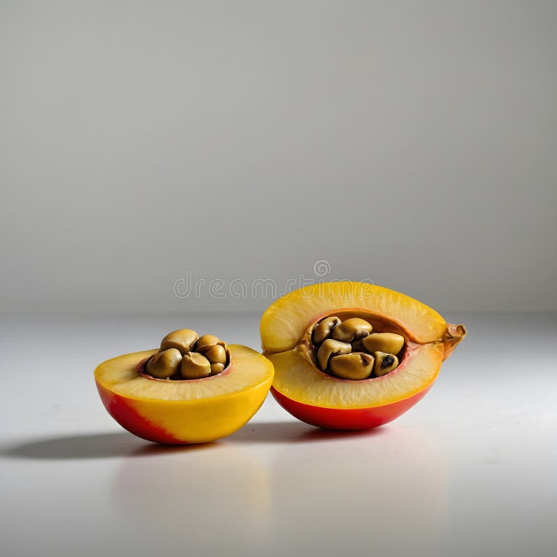 Bright Yellow Ackee Halves with Seeds Displayed on White Background in ...