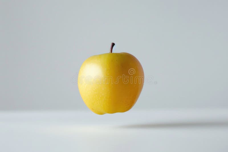 A Bright Yellow Apple Floats in Mid-air, Its Stem and Leaves Visible ...