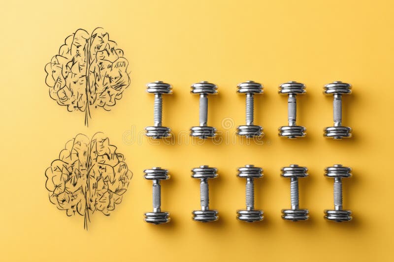 Brain Engages in Mental Training with Dumbbells on Bright Yellow ...