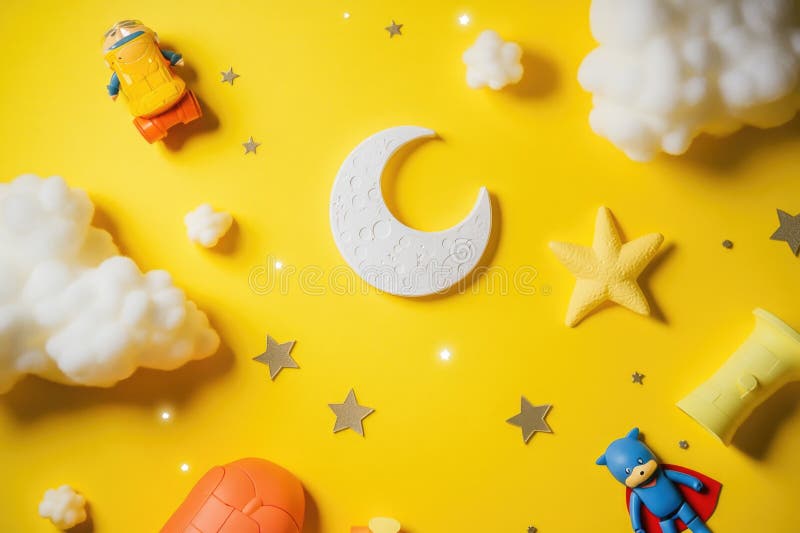 A Bright Yellow Background Featuring Stars, Clouds, and a Crescent ...