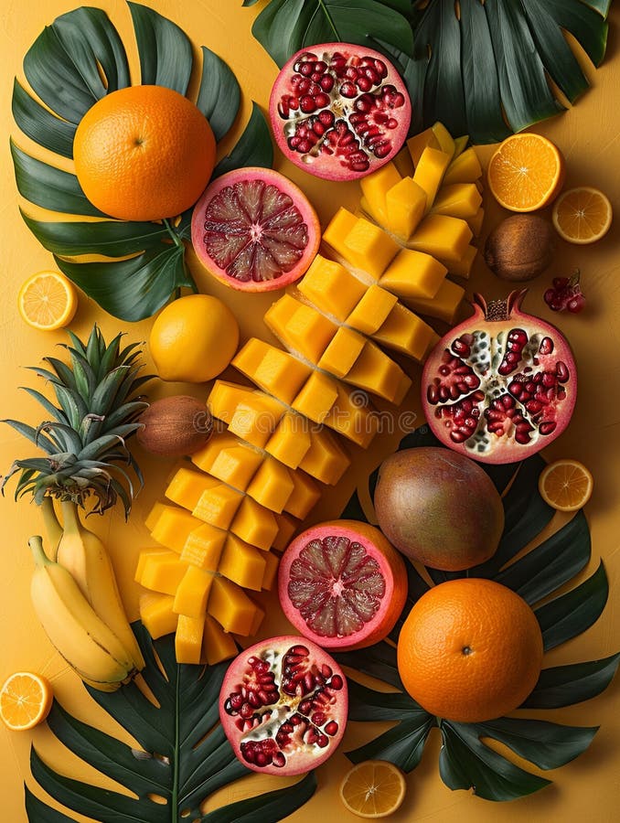 On a BRIGHT YELLOW BACKGROUND Pieces of Frui. Created by Artificial ...