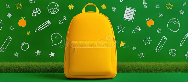 Bright Yellow Backpack Against a Vibrant Green Background with Doodles ...