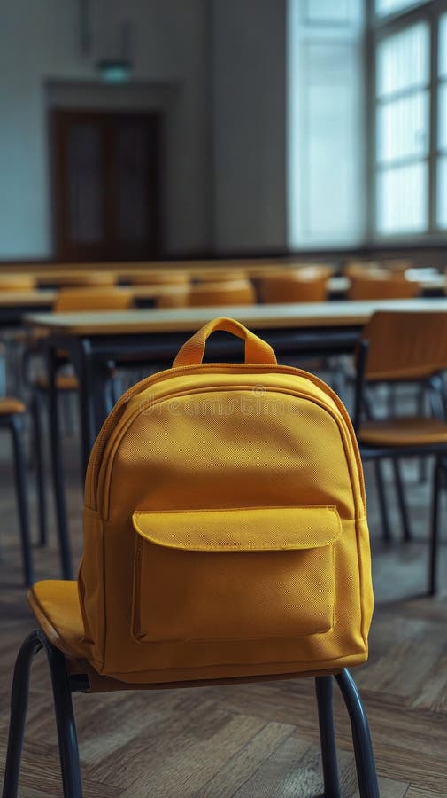 Bright Yellow Backpack Resting on the Floor of an Empty Classroom ...