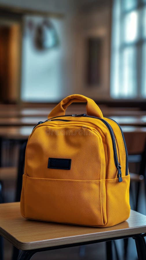 Bright Yellow Backpack Resting on the Floor of an Empty Classroom ...