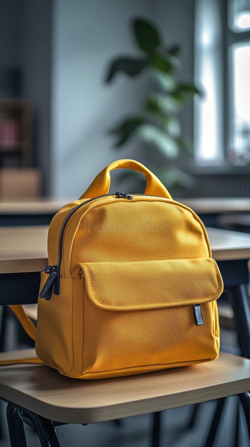 Bright Yellow Backpack Resting on the Floor of an Empty Classroom ...