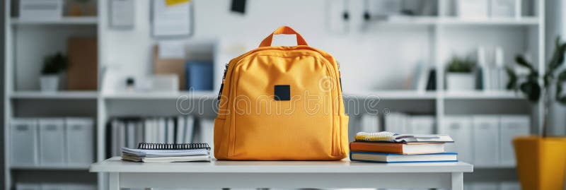 Bright Yellow Backpack on a Table Surrounded by Books in a Modern Study ...