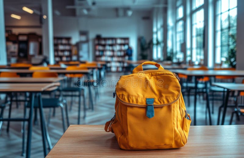 A Bright Yellow Backpack on a Wooden Table in an Empty Classroom during ...