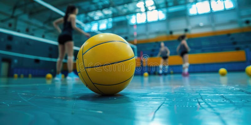 A Bright Yellow Basketball Ball Sitting Alone on a Smooth Blue Surface ...