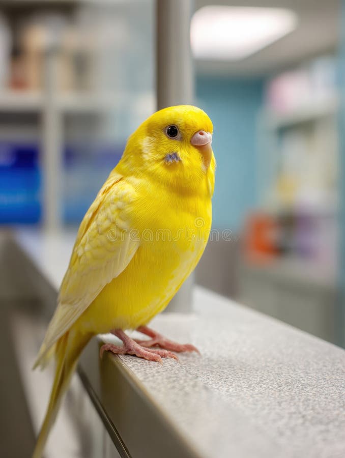 Bright Yellow Bird Perched Calmly in a Clean Vet Office during a ...