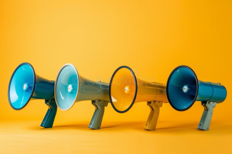 Bright Yellow and Blue Megaphones in Row on Vivid Yellow Backdrop for ...