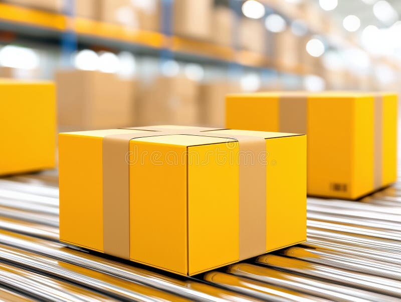 Bright Yellow Box on Conveyor Belt in Warehouse, Symbolizing Logistics ...