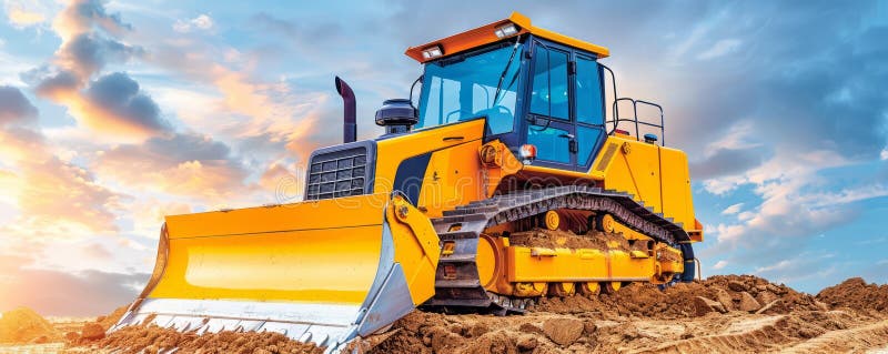 Bright Yellow Bulldozer on a Construction Site with a Dramatic Sunset ...