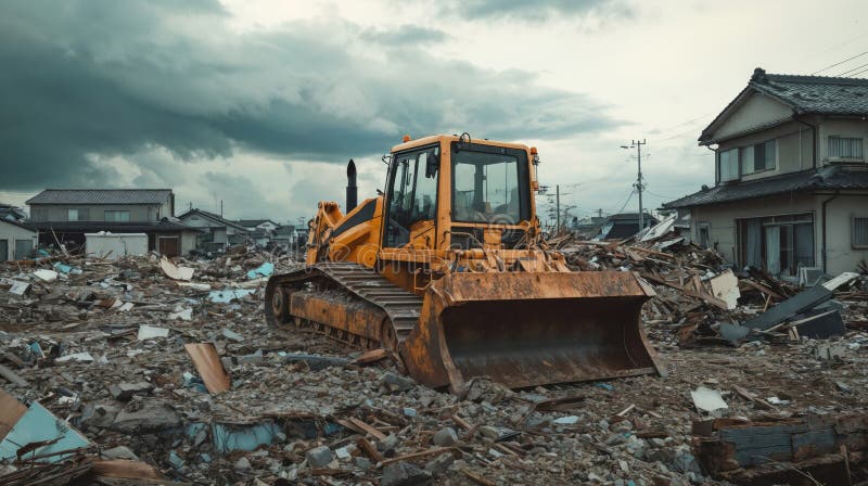 A Bright Yellow Bulldozer is Driving Steadily through a Large Pile of ...