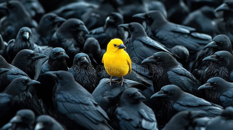 Bright Yellow Canary Stands Out among Flock of Black Crows, Creating ...