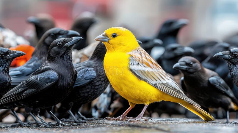 Bright Yellow Canary Stands Out among Flock of Black Crows, Creating ...