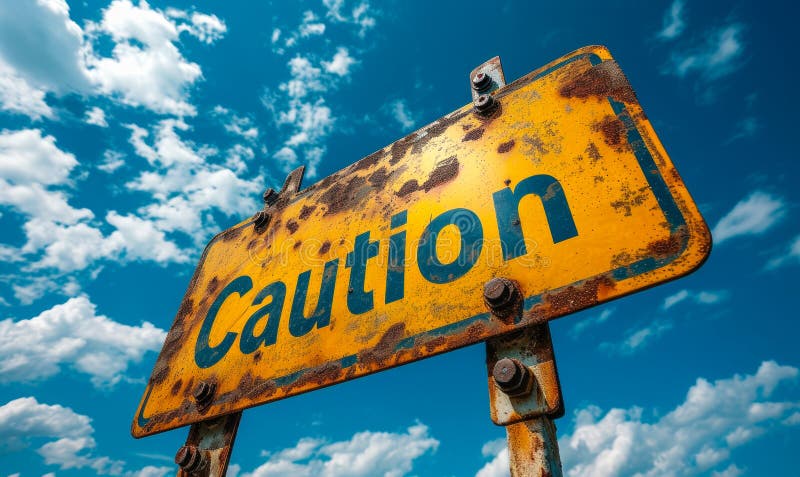 Bright Yellow Caution Sign Against a Cloudy Blue Sky Backdrop ...