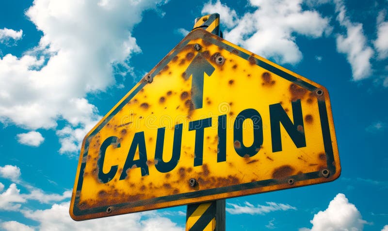Bright Yellow Caution Sign Against a Cloudy Blue Sky Backdrop ...