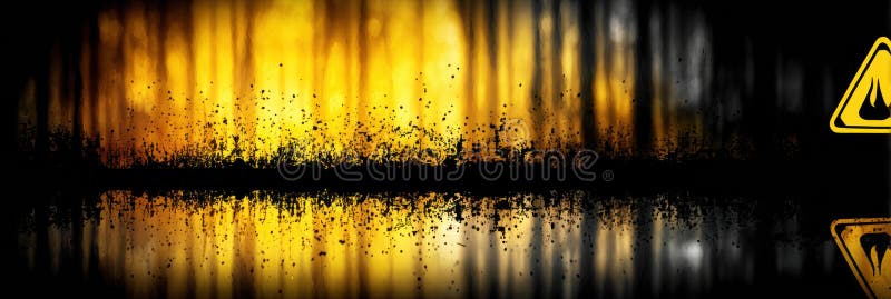 Bright Yellow Caution Sign Indicating Oil Spill Hazard in a Reflective ...