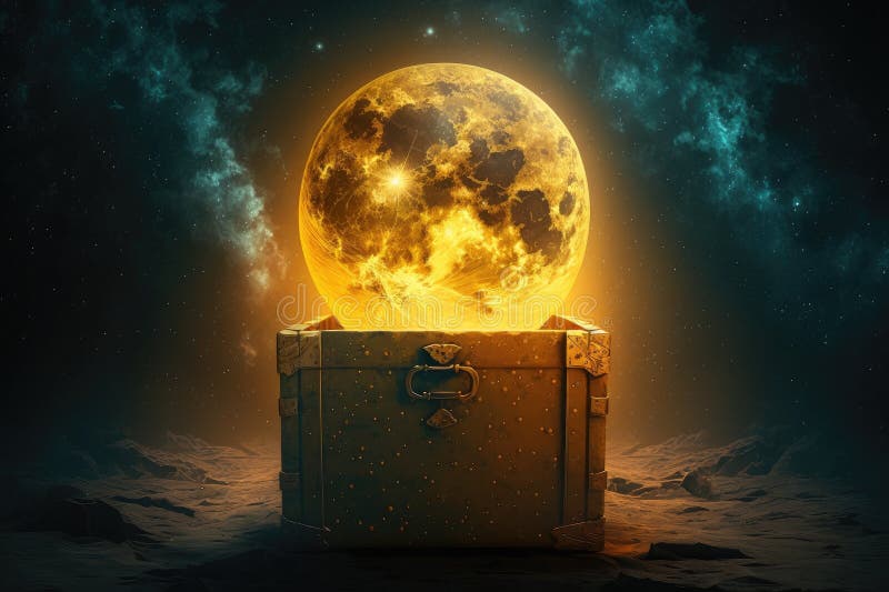 Bright Yellow Chest on the Moon in Rays of Sun Stock Illustration ...