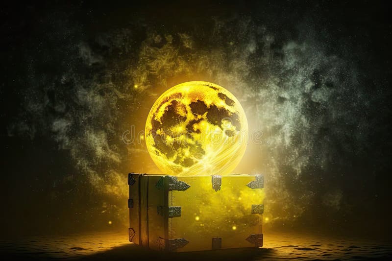 Bright Yellow Chest on the Moon in Rays of Sun Stock Illustration ...