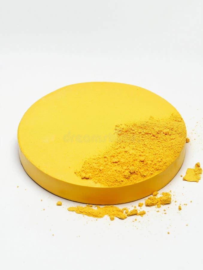 Bright Yellow Circular Object with Powder Residue on White Background ...