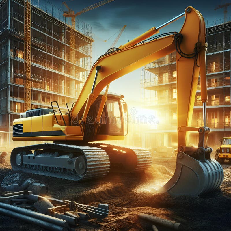 Bright Yellow Construction Excavator at Work on Building Site Stock ...