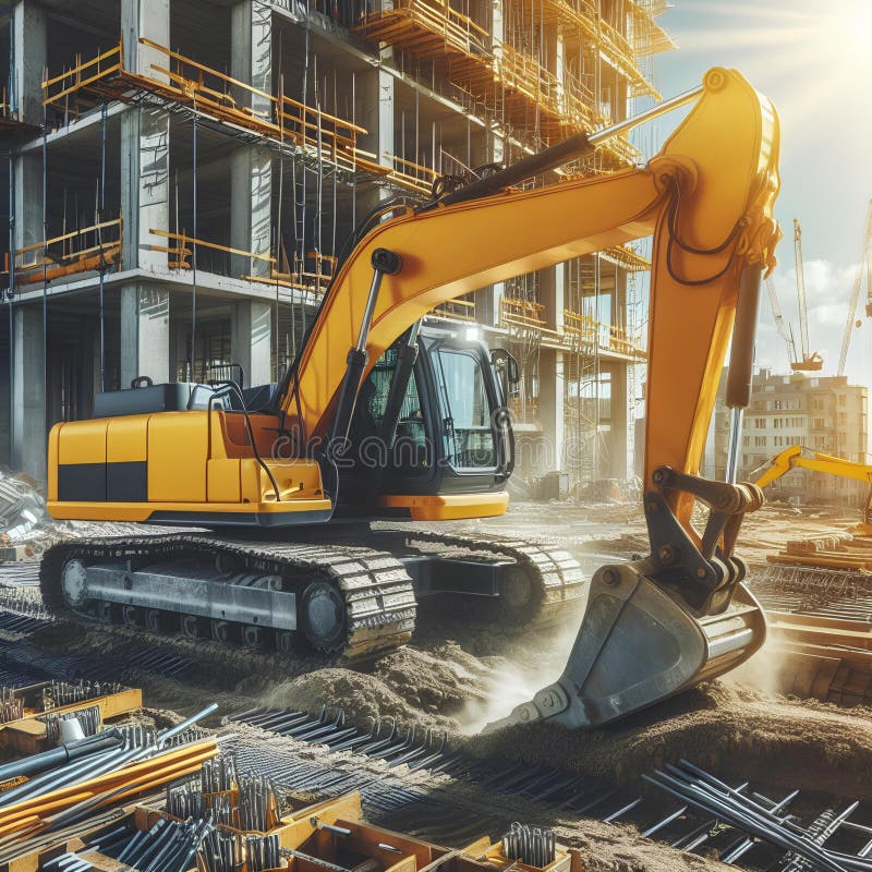 Bright Yellow Construction Excavator at Work on Building Site Stock ...