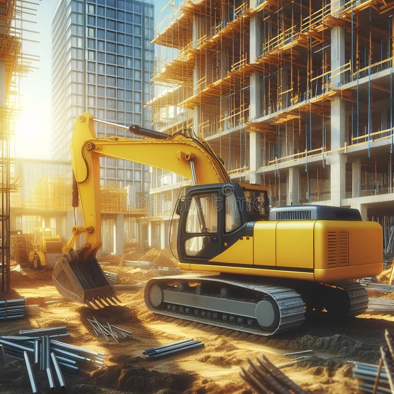 Bright Yellow Construction Excavator at Work on Building Site Stock ...
