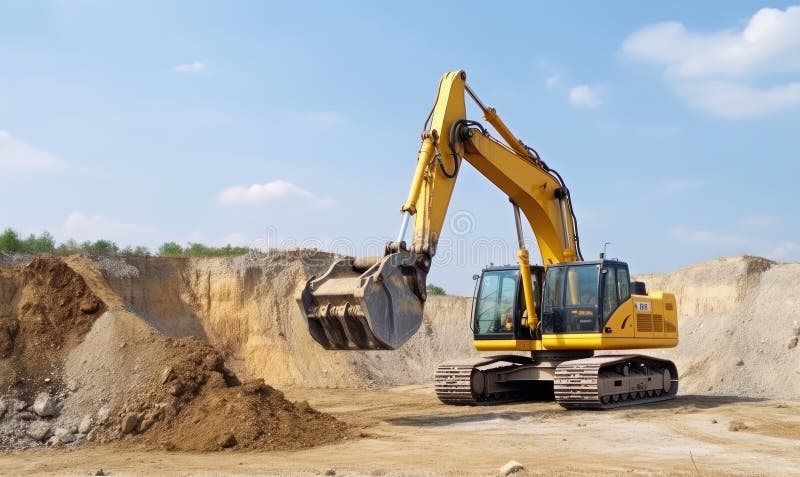 Bright Yellow Construction Excavator at Work on Building Site Creating ...