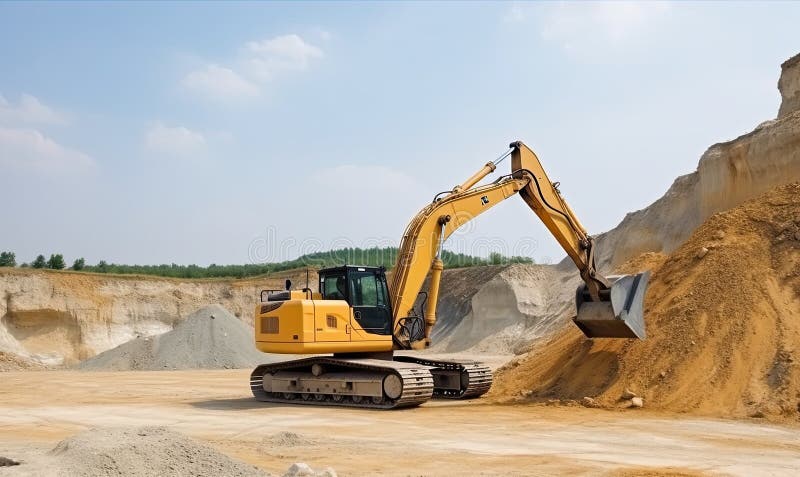 Bright Yellow Construction Excavator at Work on Building Site Creating ...