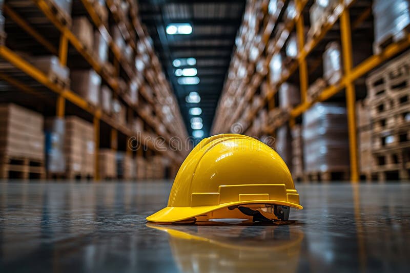 Bright Yellow Construction Helmet Placed on Floor in Large Storage ...