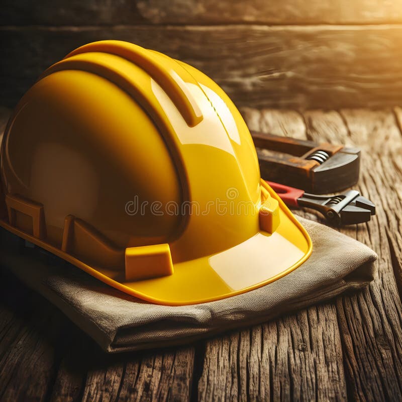 Bright Yellow Construction Helmet Resting on Rustic Timber Surface with ...