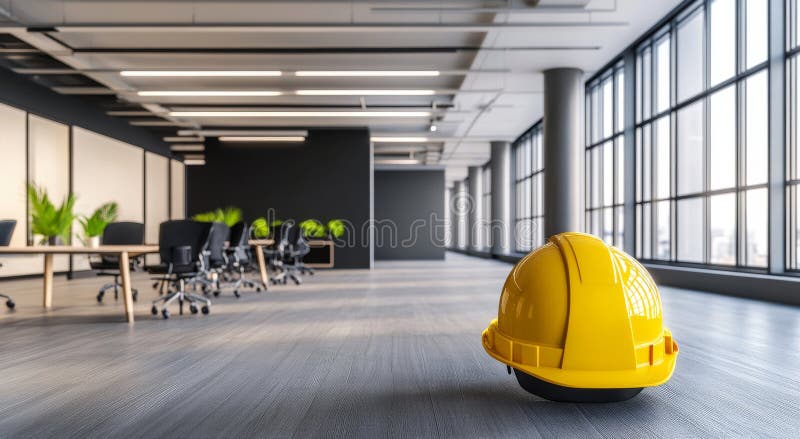 A Bright Yellow Construction Helmet Sits on a Modern Table in a Well ...