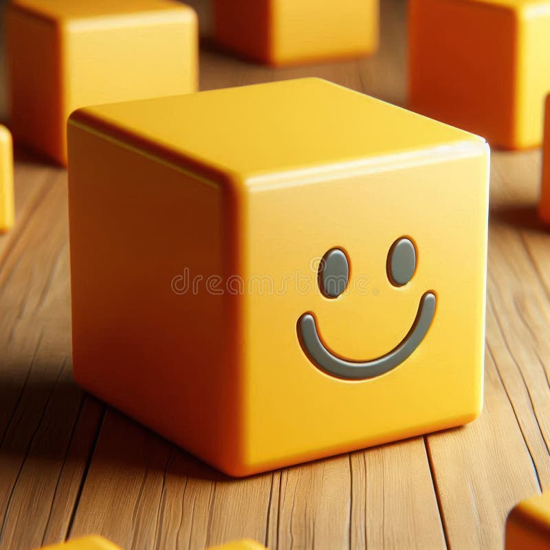 A Bright Yellow Cube with a Smiling Face on a Wooden Surface. Stock ...