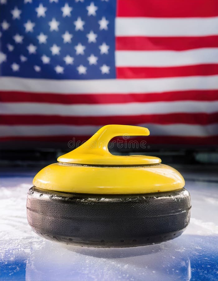 Curling Stone on Ice with American Flag in the Background during Winter ...