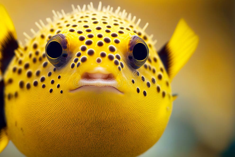 Bright Yellow Dangerous Puffer Fish with Sharp Spikes on Back Stock ...