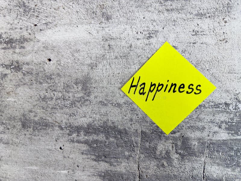 Bright Yellow Diamond-shaped Sticky Note with the Word Happiness on a ...