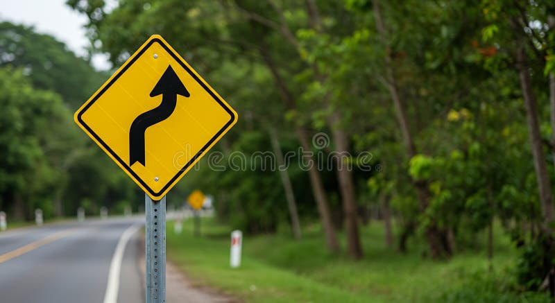 Sharp Curve Ahead Warning Sign on Roadside Stock Illustration ...