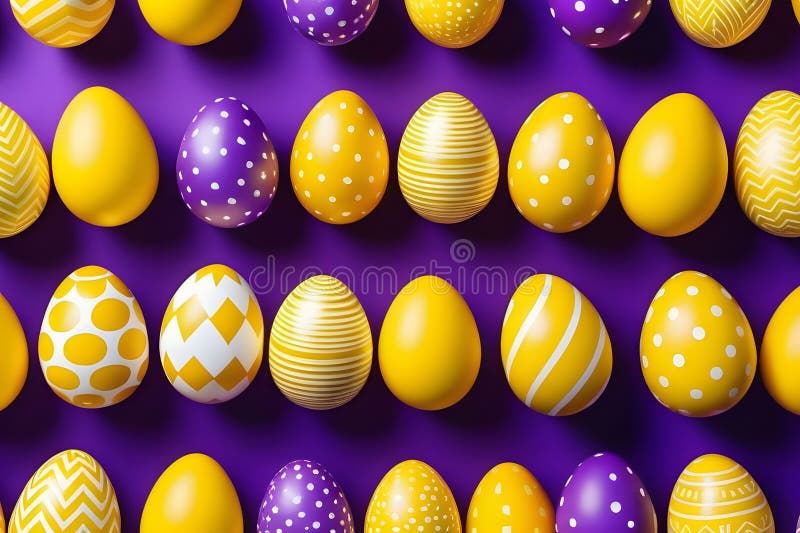 Bright Yellow Easter Eggs with Purple Patterns on a Purple Background ...