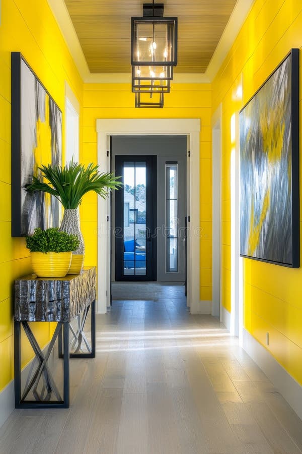 Bright Yellow Entryway with Black Door and Console Table, Modern Home ...