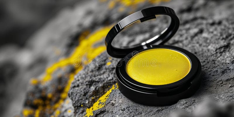 Bright Yellow Eyeshadow in Black Compact on Textured Background Stock ...