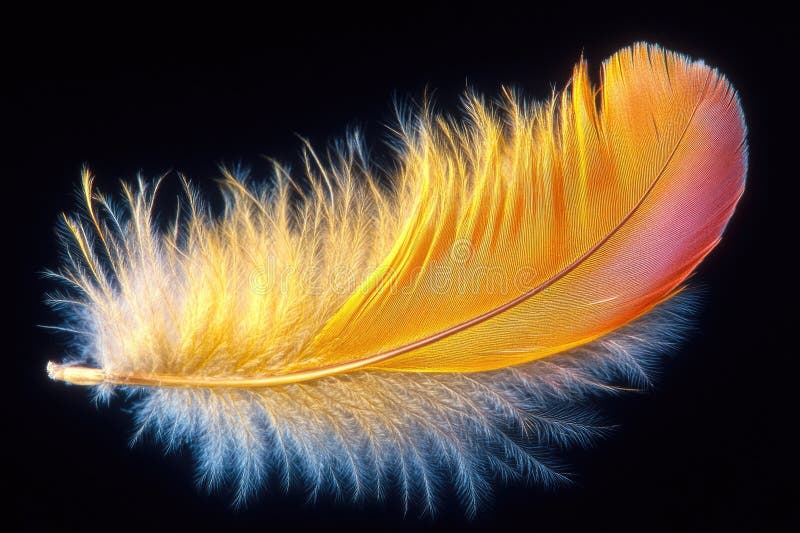 A Bright Yellow Feather Sits Alone on a Dark Black Background Stock ...