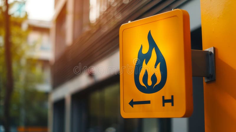 A Bright Yellow Fire Safety Sign with a Blue Flame Icon Stock Photo ...