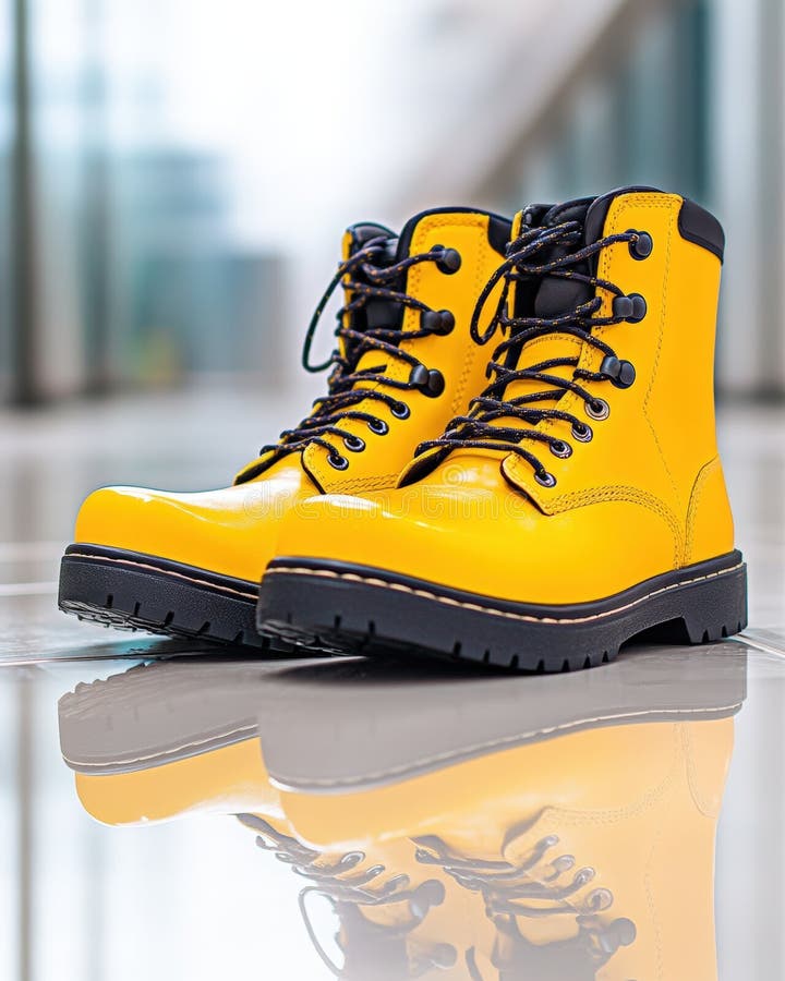 Bright Yellow Firefighter Boots Reflecting on Polished Floor in Modern ...